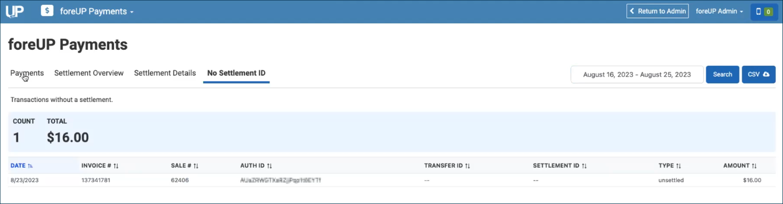 Reconciliation Dashboard - No Settlement ID – foreUP (800.929.5737)