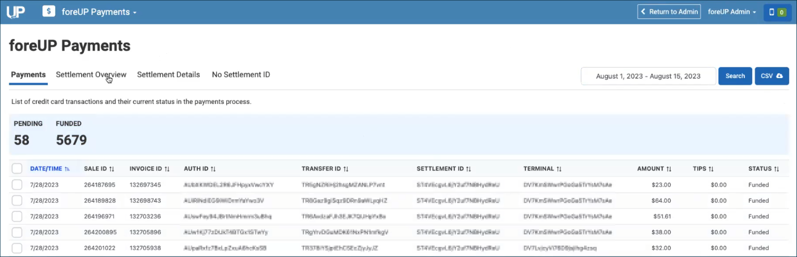 Reconciliation Dashboard - Payments – foreUP (800.929.5737)